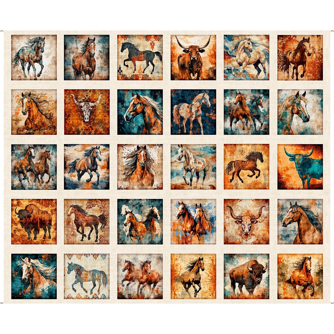 Born to Run Horses & Bulls Picture Patches Panel 31476 Cream E - QT ...