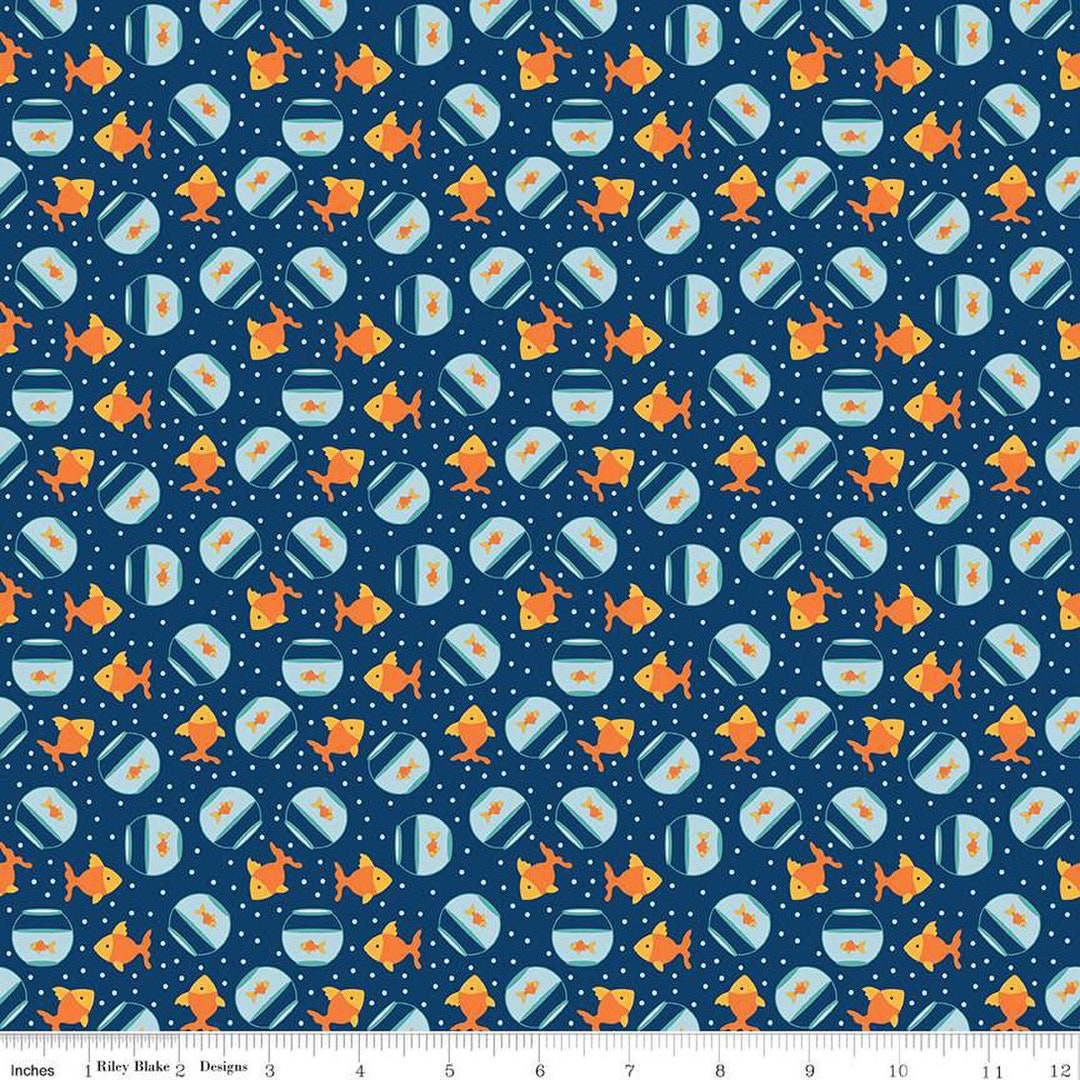 Pets Goldfish C13655 Navy by Riley Blake Designs - Children's Fish Dots ...