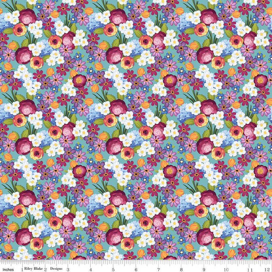 23" End of Bolt - SALE Floralicious Flowers C13482 Aqua - Riley Blake ...