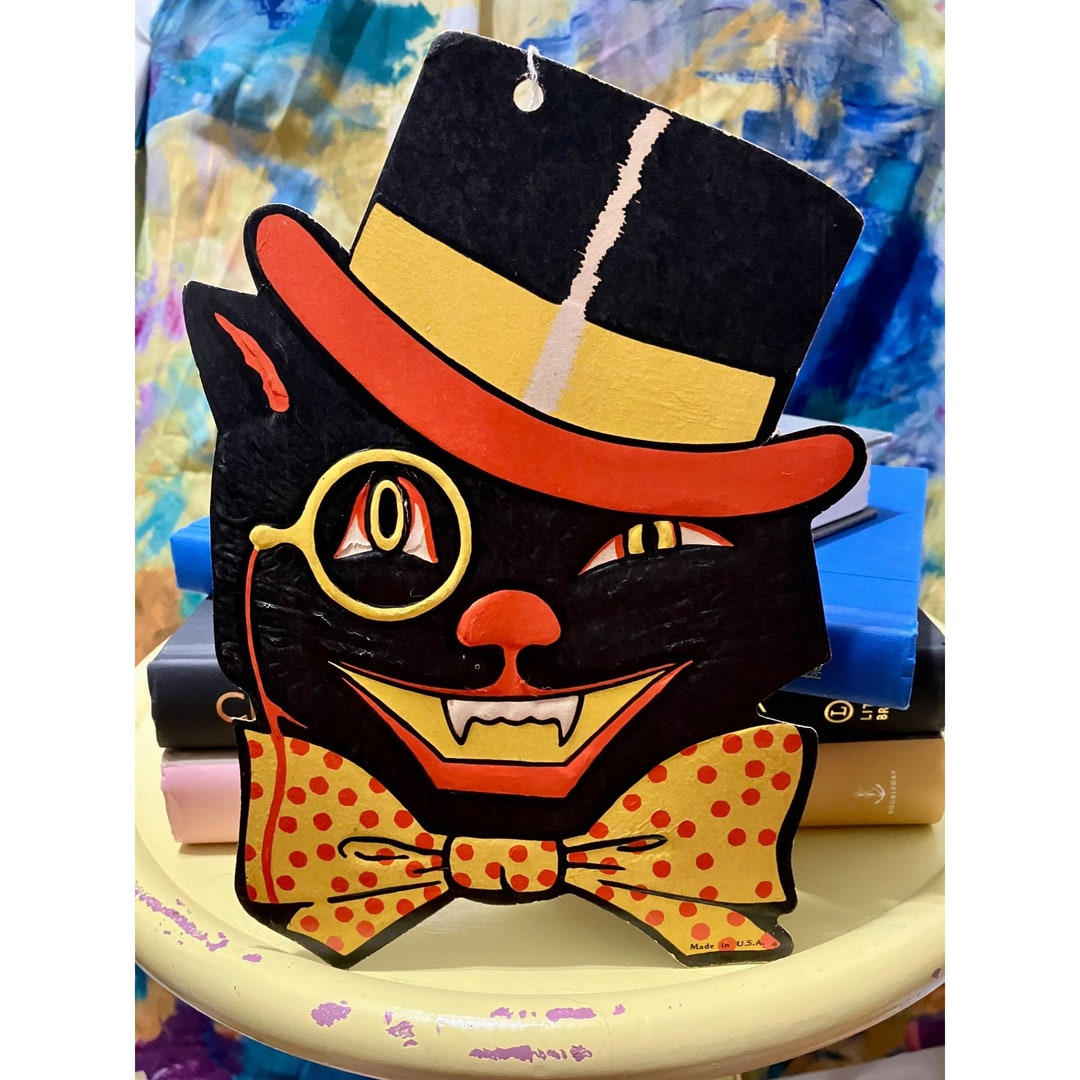 Vintage Black Cat Face Top Hat Die Cut Embossed Beistle Halloween Decor ...