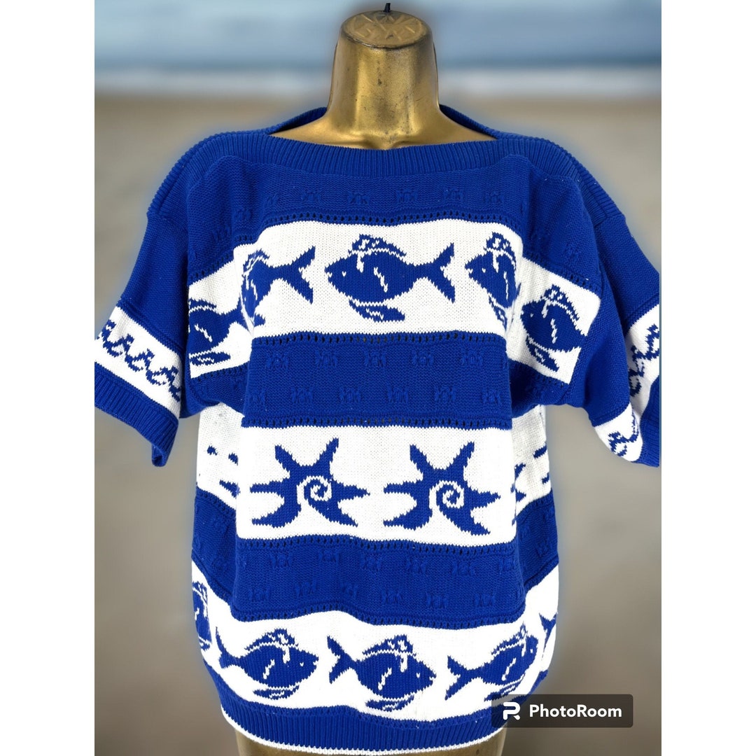90s Y2K Nautical Fish Starfish Cropped Sweater Ocean Beach Cottage ...