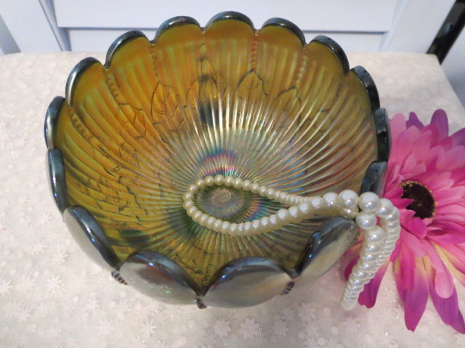 Green Carnival Glass Northwoods Rosebud Three Footed Rose Bowl - Etsy