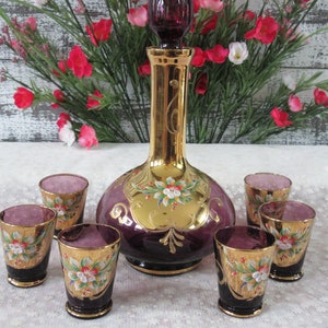 Elegant Bohemian Purple Floral Decanter Set - Handcrafted Glassware for ...