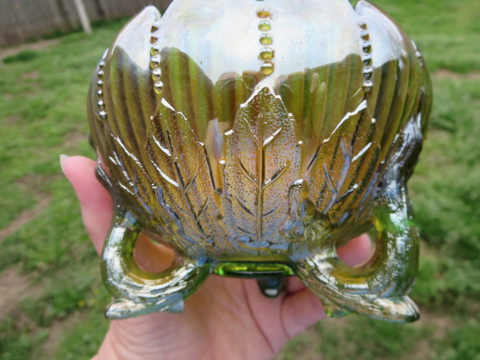 Green Carnival Glass Northwoods Rosebud Three Footed Rose Bowl - Etsy
