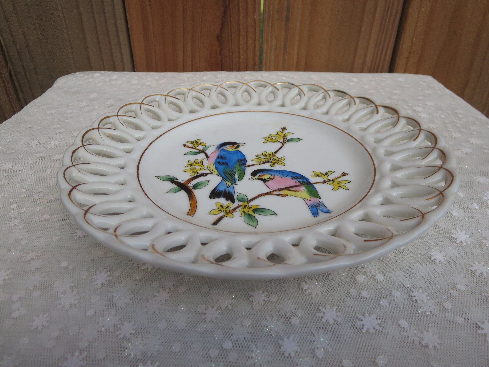 Lace Edge Plate Blue Swallows Sitting on Tree Limbs With | Etsy