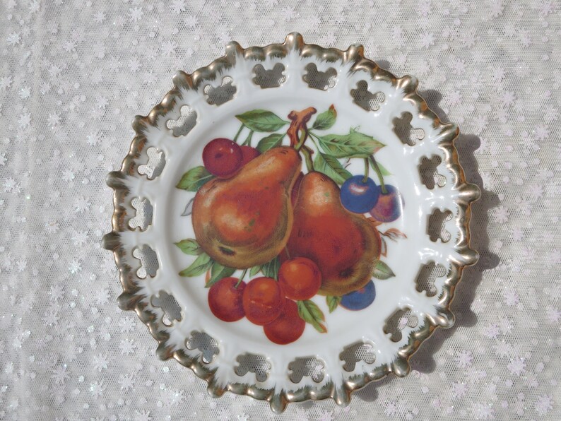 Vintage Laced Fruit Plate Pears and Cherries Gold Rims Red | Etsy