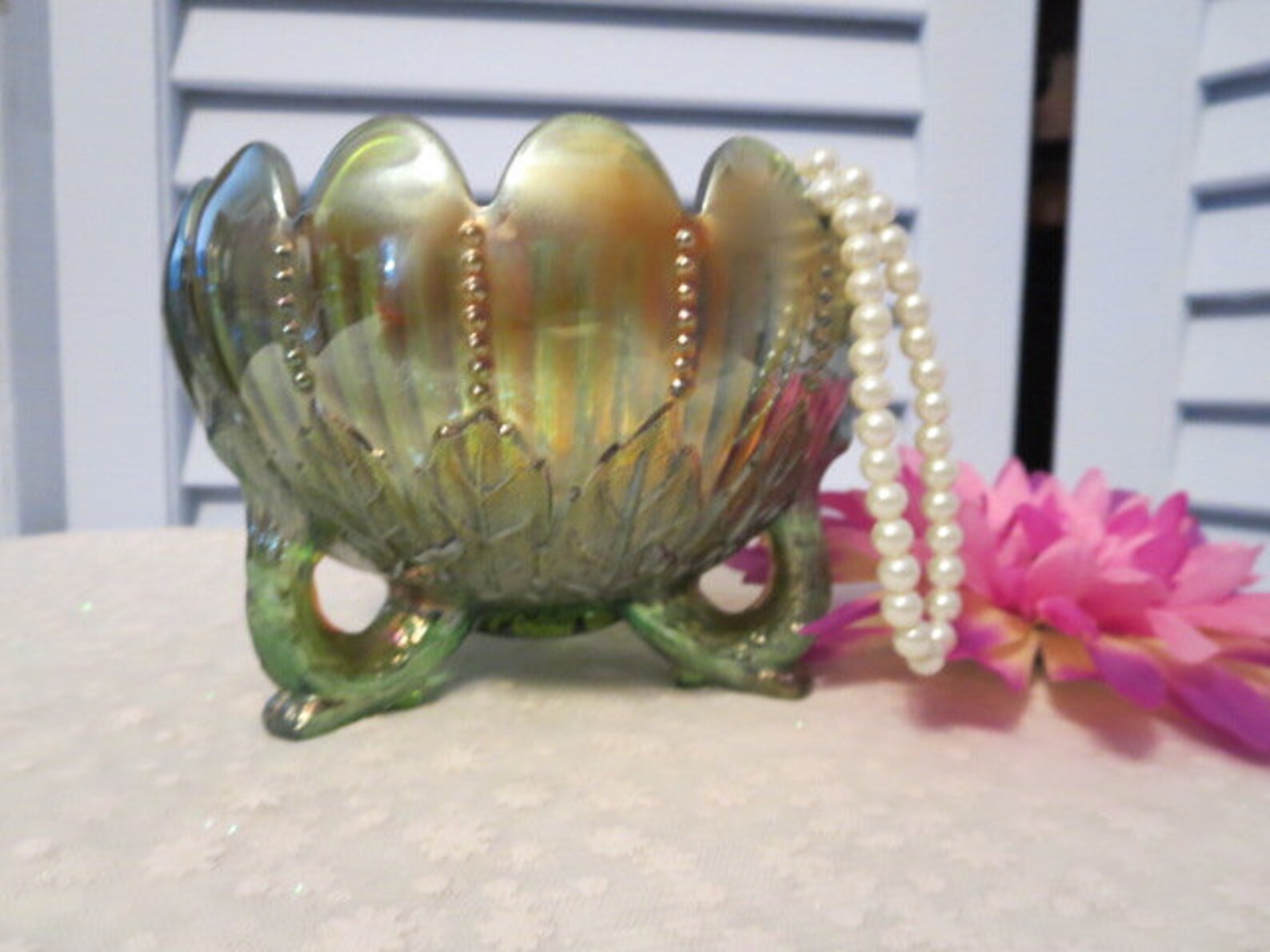 Green Carnival Glass Northwoods Rosebud Three Footed Rose Bowl - Etsy