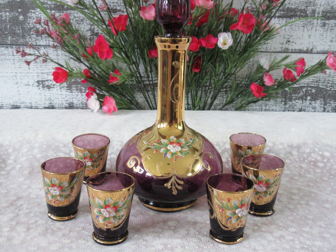 Elegant Bohemian Purple Floral Decanter Set - Handcrafted Glassware for ...