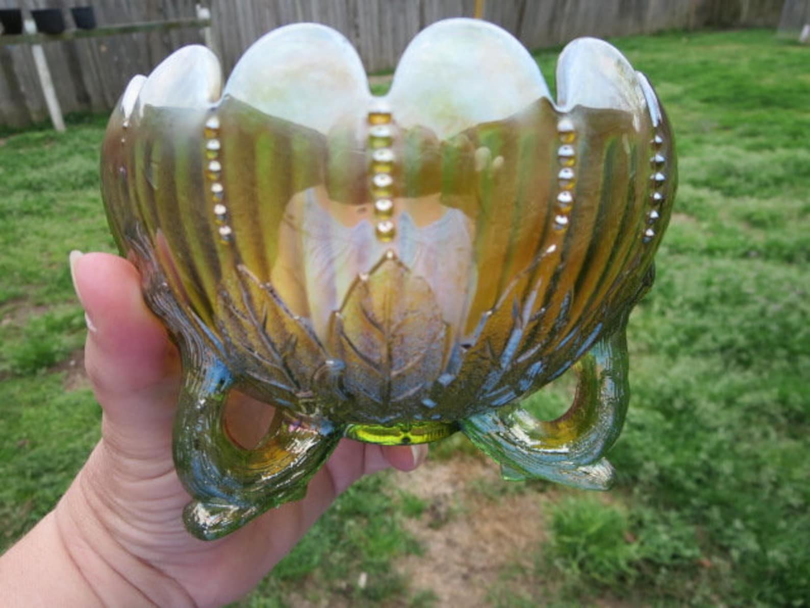 Green Carnival Glass Northwoods Rosebud Three Footed Rose Bowl - Etsy