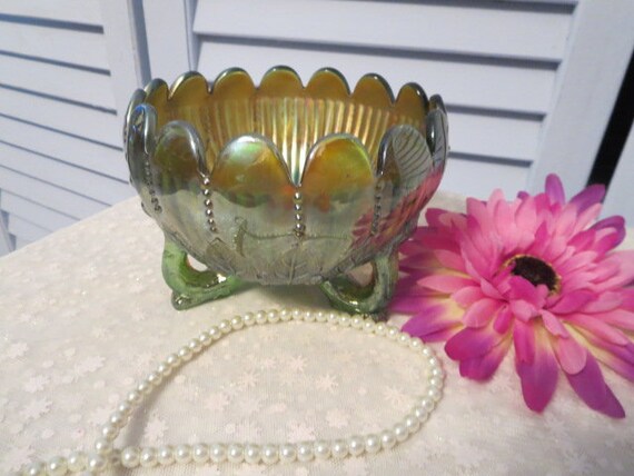 Green Carnival Glass Northwoods Rosebud Three Footed Rose Bowl - Etsy