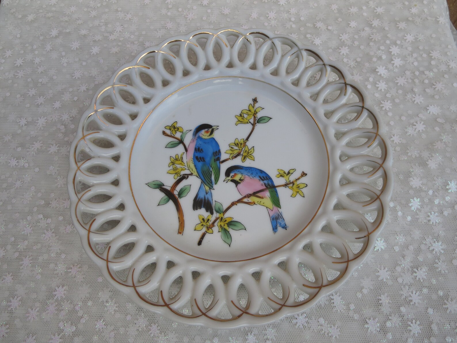 Lace Edge Plate Blue Swallows Sitting on Tree Limbs With | Etsy