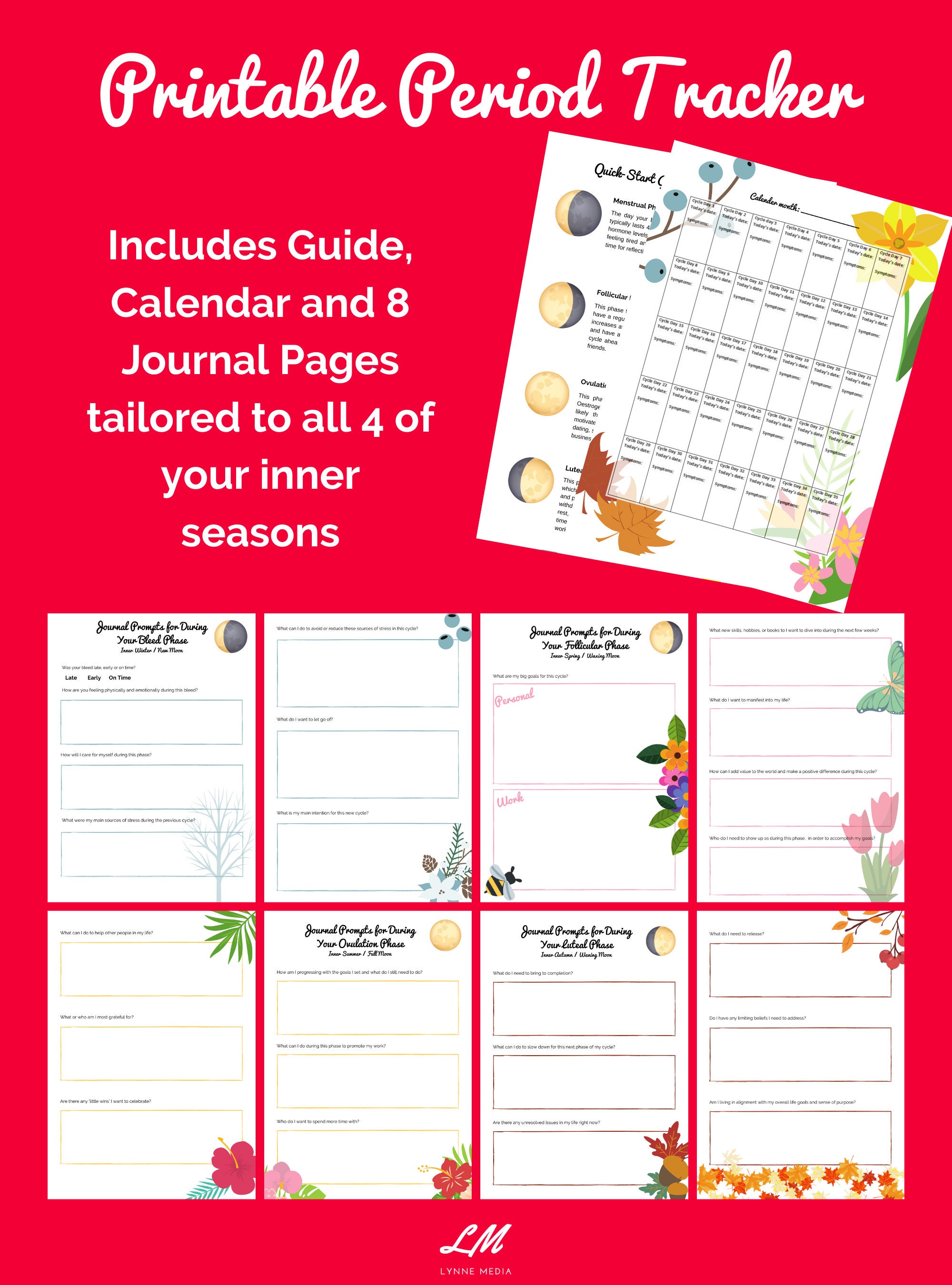 Period Tracker | Menstrual Cycle Calendar | Journal Prompts | 12 Full ...