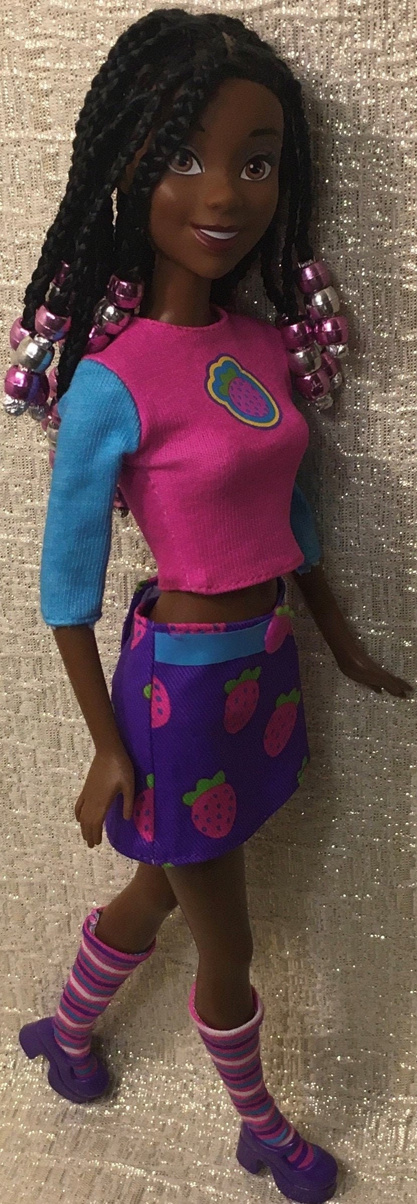 Disney Princess Tiana Barbie Doll, Natural Braided Hair: Purple/Silver ...