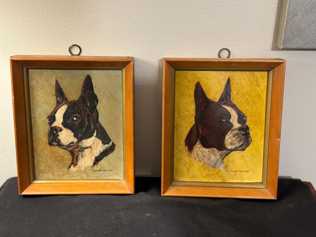 Pair of Small Vintage MCM Oil Paintings French Bulldogs Signed Camilla ...