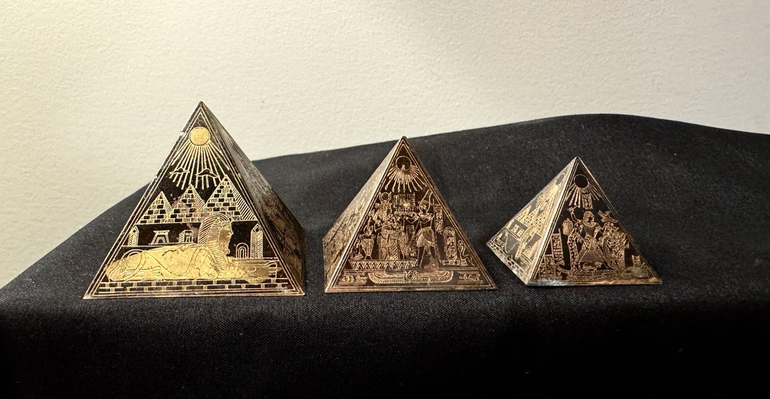 Vintage 3 Miniature Egyptian Revival Etched Brass and Copper Pyramids ...