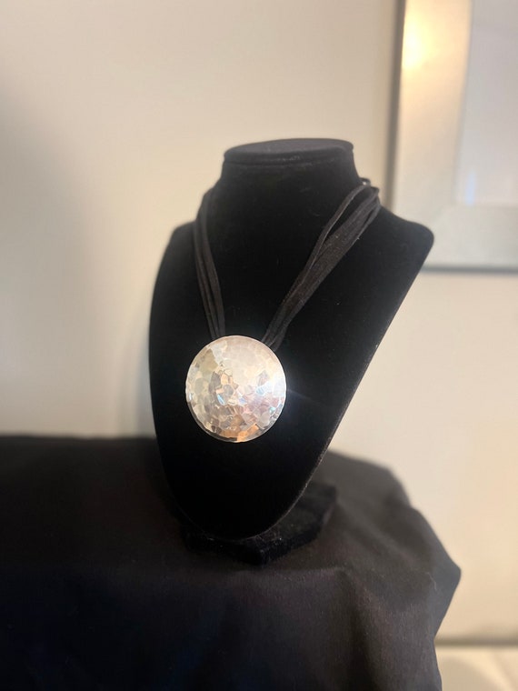 Vintage Hammered Sterling Silver Disk on Black Suede … - Gem