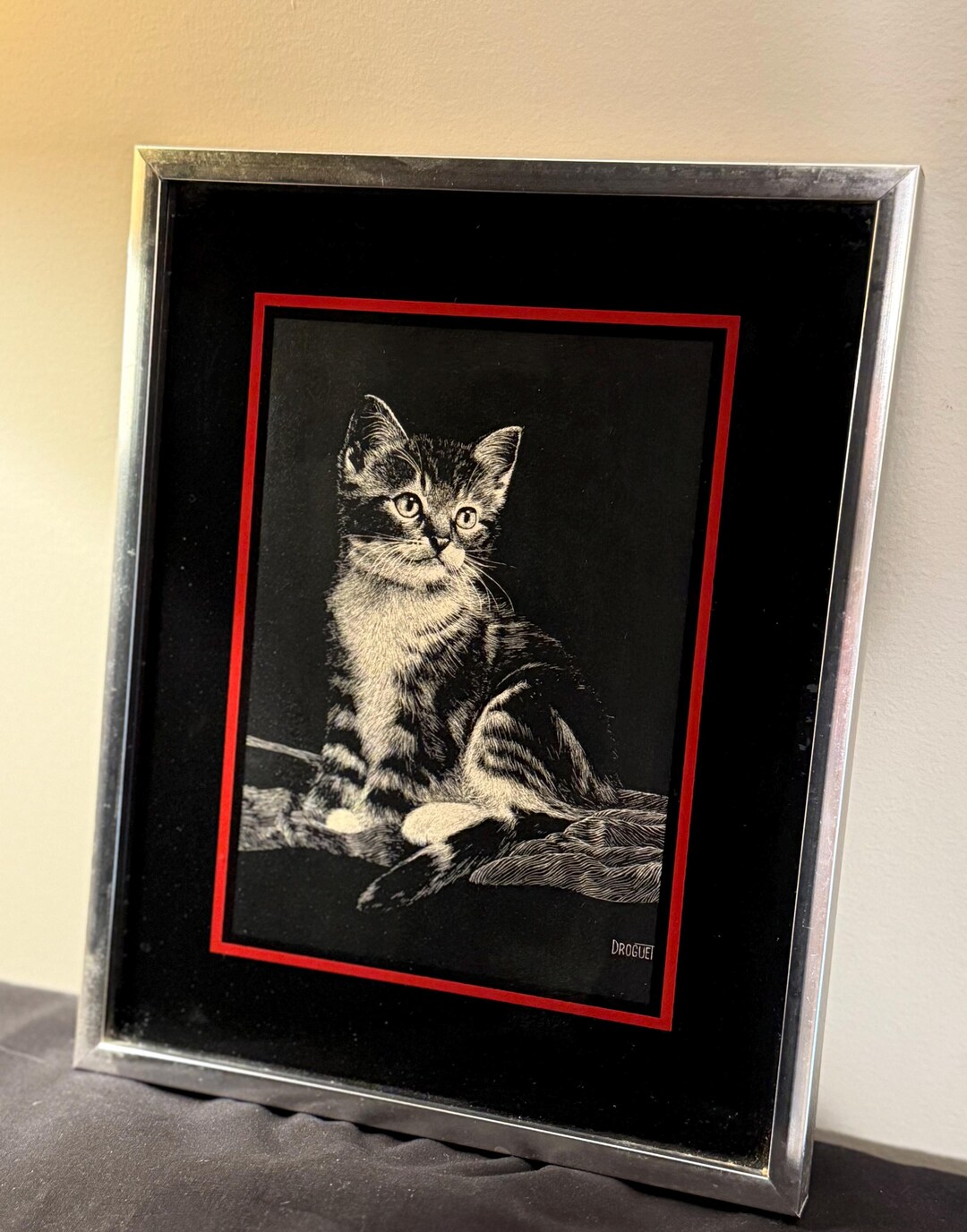 Vintage RUDY DROGUETT Kitten Cat Wall Art Reverse Painting Scratch Art ...