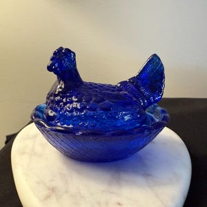 Miniature Vintage Cobalt Blue Pressed Glass Chicken Hen Nest Covered ...