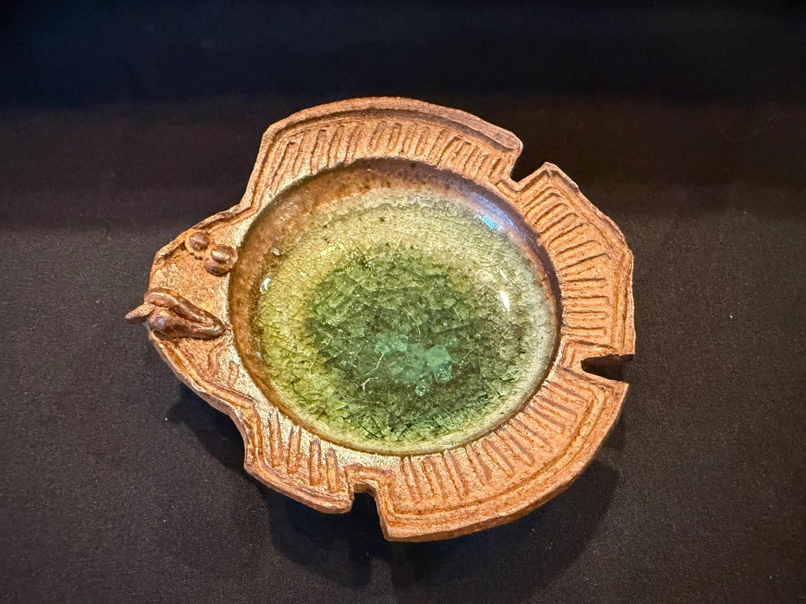 Vintage MCM Studio Pottery Green Mosaic Crackle Glass Fish Trinket Dish ...