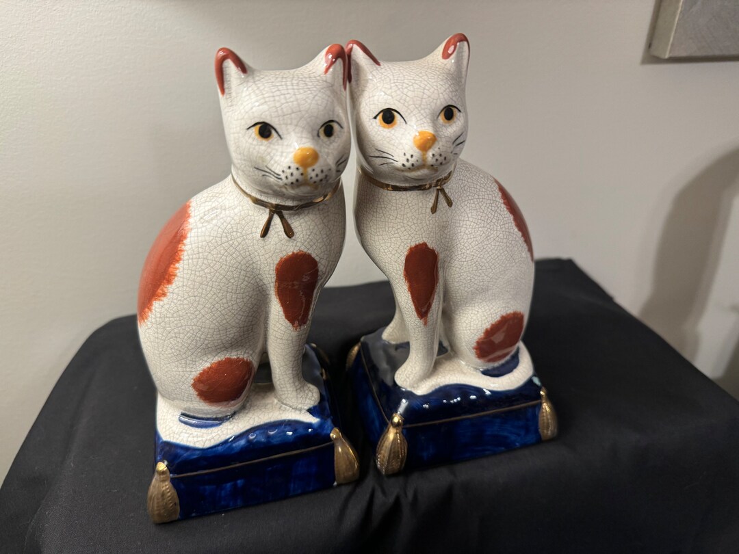 Fitz and Floyd Staffordshire Style Cat Bookends, Hand Painted Porcelain ...
