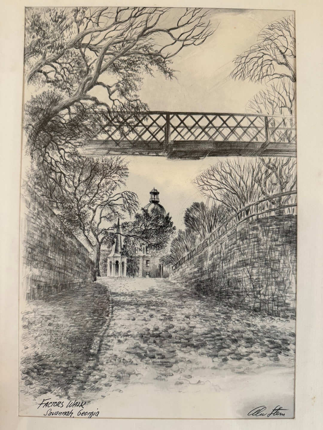 Vintage 1940s Framed Etching by Alec Stern Factors Walk, Savannah ...