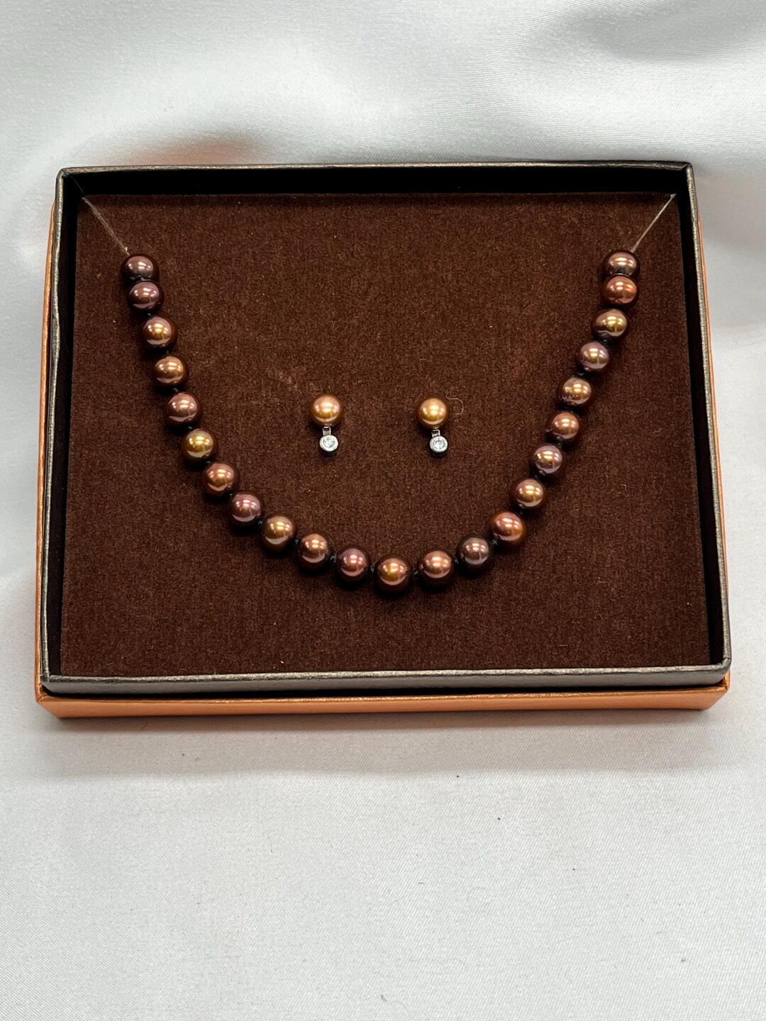 Chocolate Pearl Necklace With Matching Stud Pearl Earrings and C Z ...