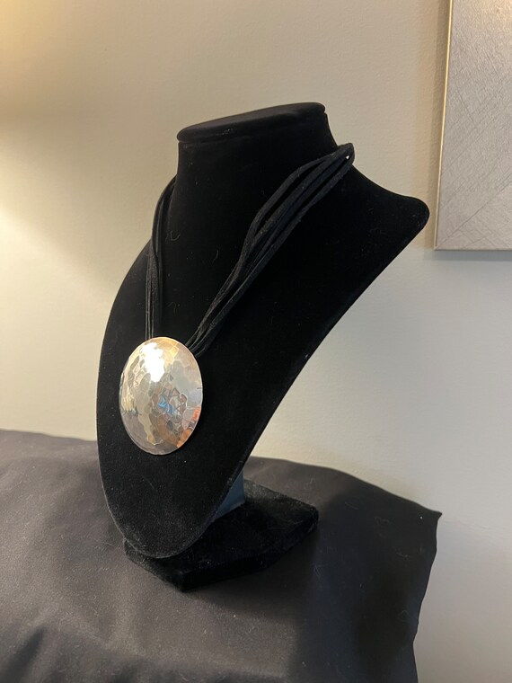 Vintage Hammered Sterling Silver Disk on Black Suede … - Gem