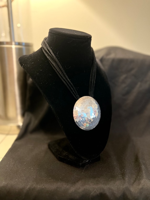 Vintage Hammered Sterling Silver Disk on Black Suede … - Gem