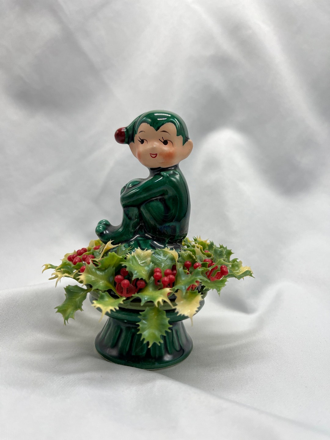 Inarco Ceramic Pixie Elf Seated on a Pedestal of Holly. - Etsy