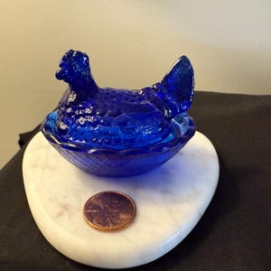 Miniature Vintage Cobalt Blue Pressed Glass Chicken Hen Nest Covered ...