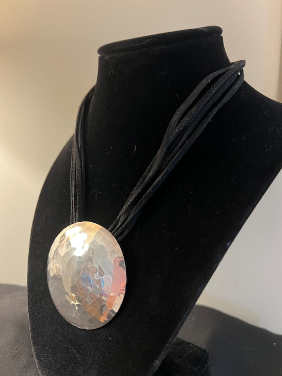 Vintage Hammered Sterling Silver Disk on Black Suede … - Gem