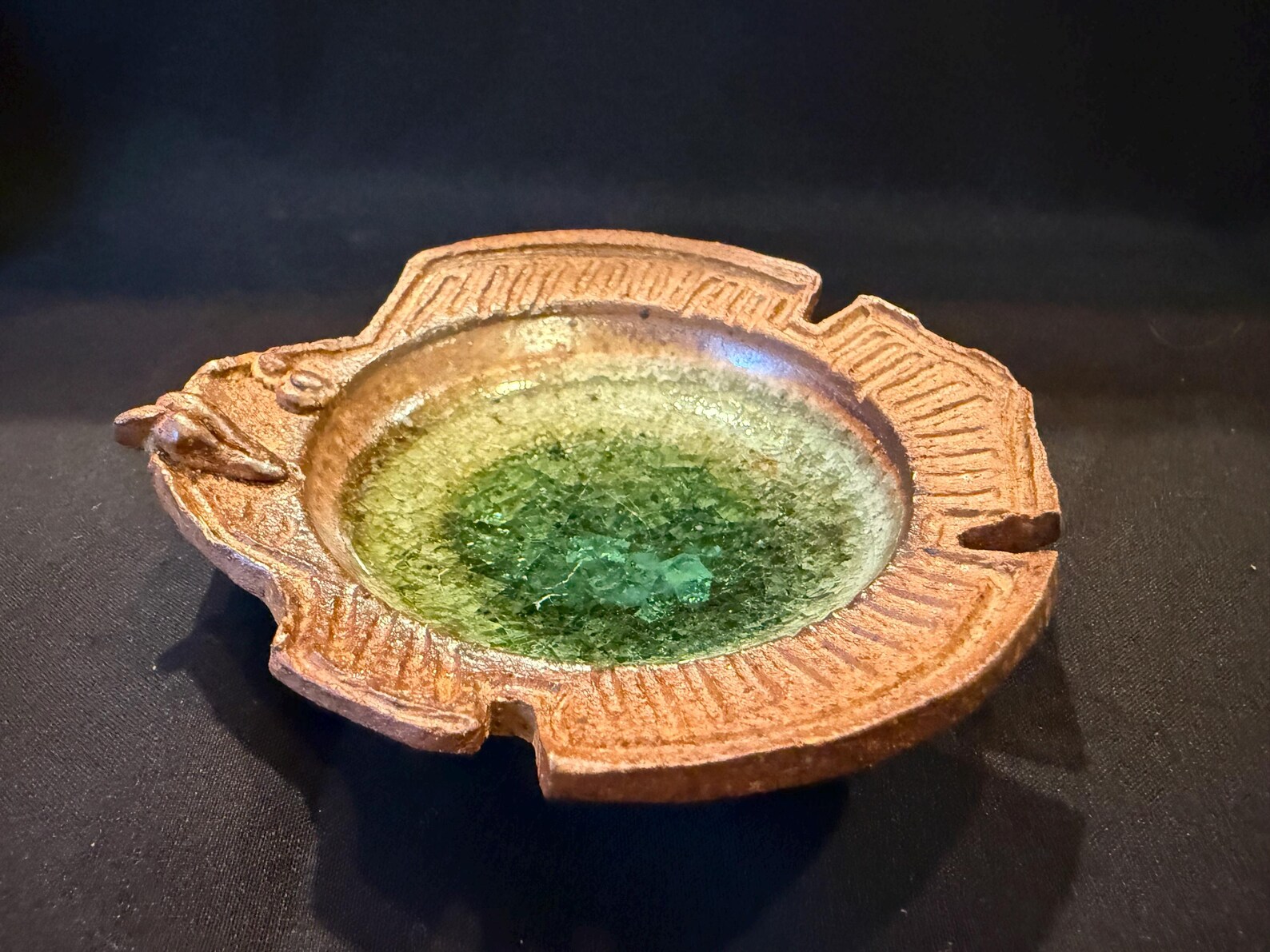 Vintage MCM Studio Pottery Green Mosaic Crackle Glass Fish Trinket Dish ...