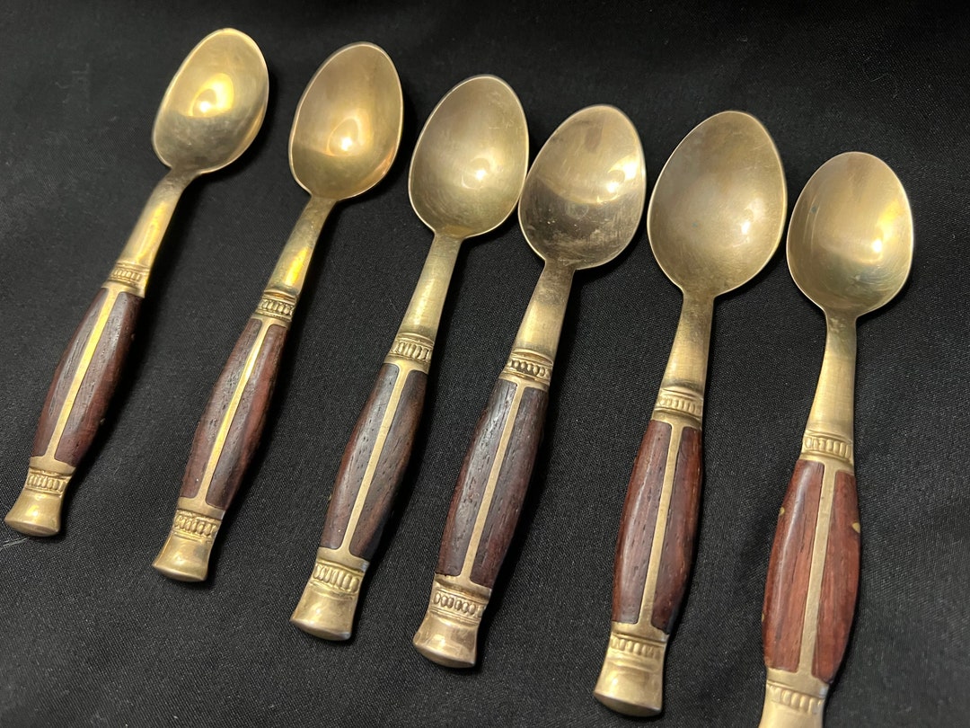 Set of 6 Brass and Teak Wood Teaspoons Made in Thailand - Etsy
