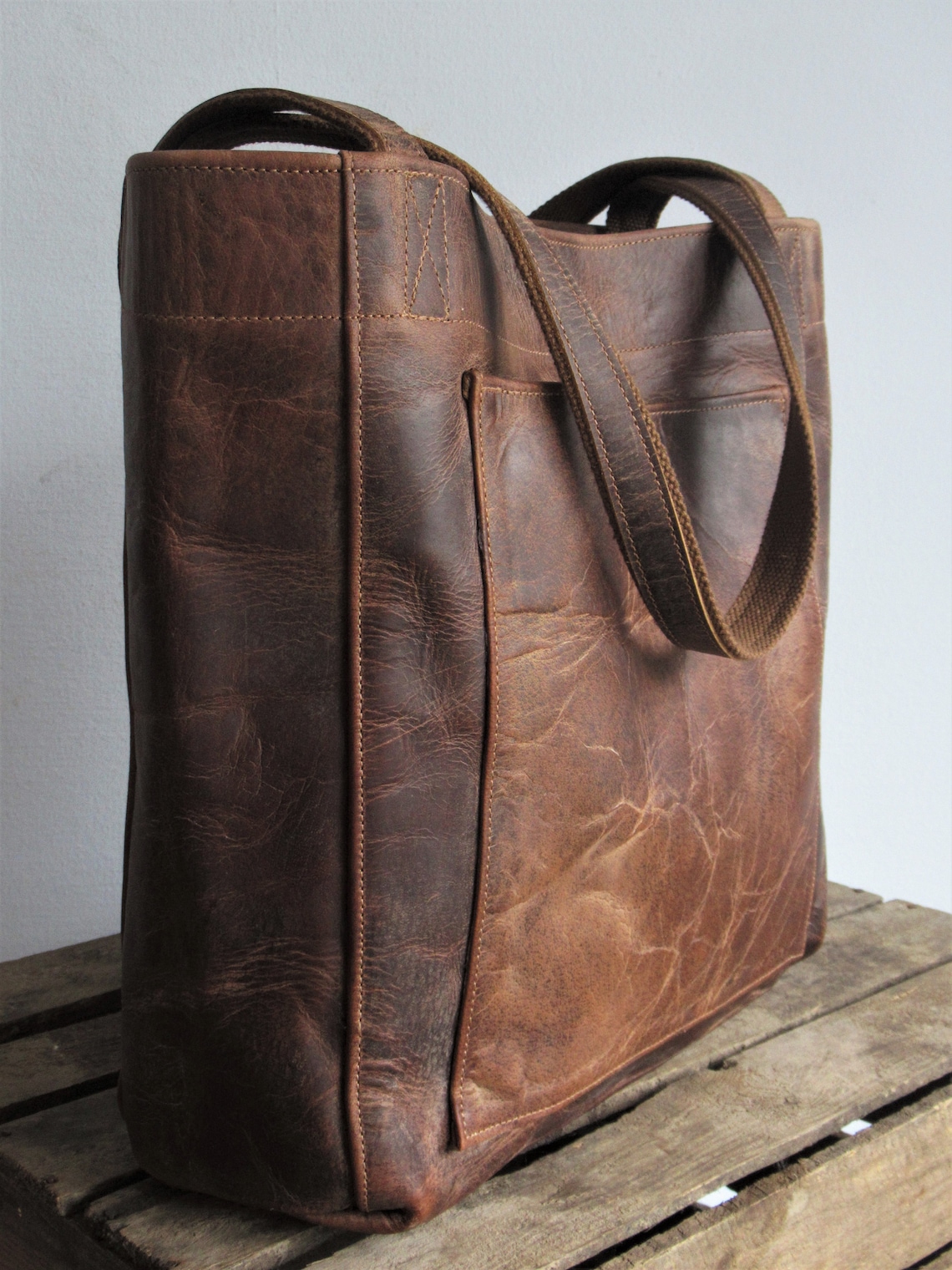 Distressed Leather Tote Bag Large Shopper Laptop Purse - Etsy