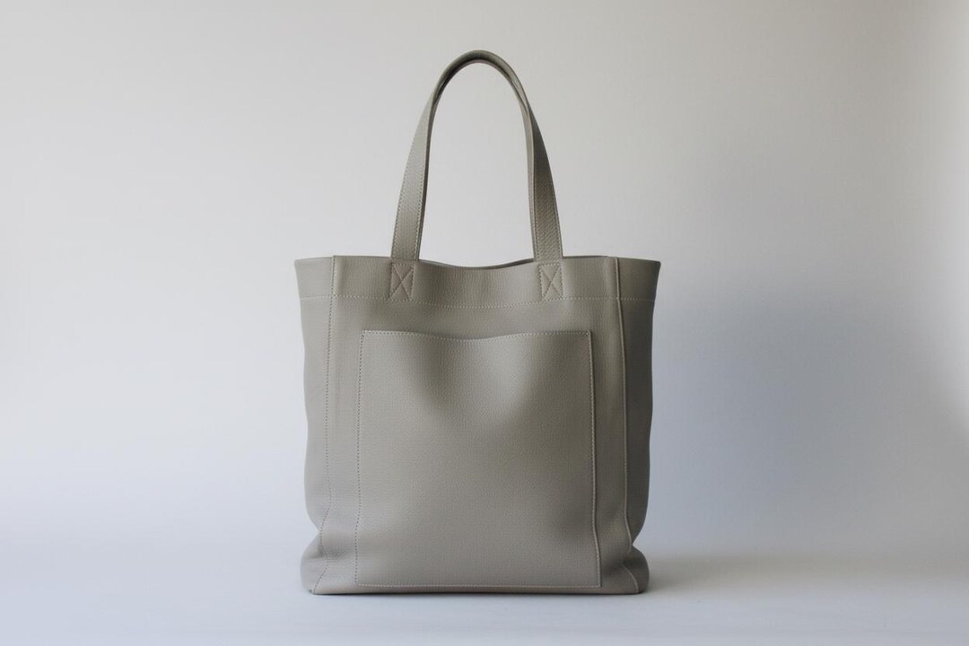 Light Grey Leather Tote Bag: Pebble Grain Cowhide, Minimalist Everyday ...