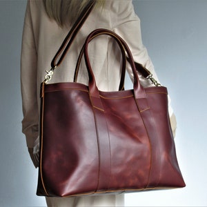 Large Leather Tote Bag With Crossbody Strap, Oversize Leather Tote for ...