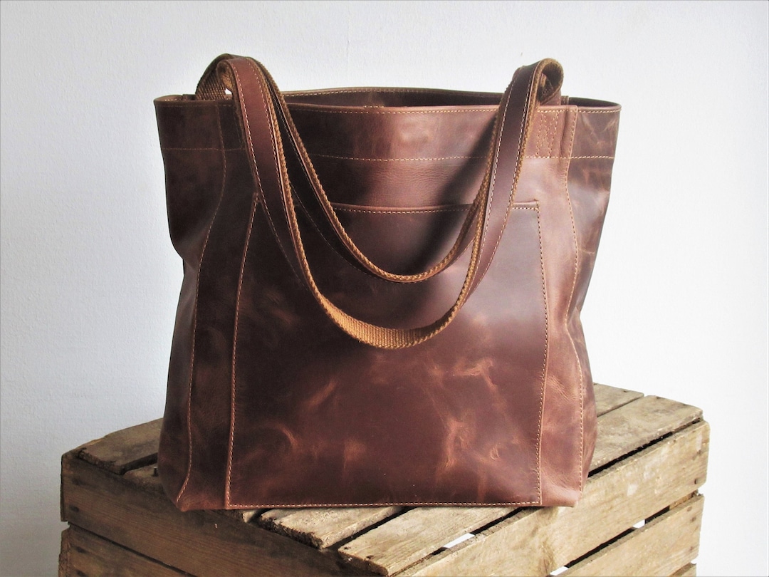 Rustic Leather Shopper Brown Tote Bag Large Purse - Etsy