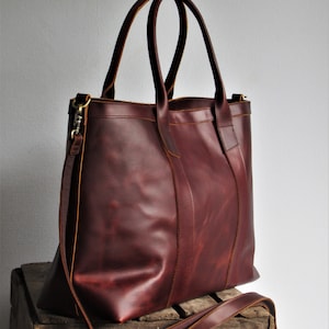 Large Leather Tote Bag With Crossbody Strap, Oversize Leather Tote for ...