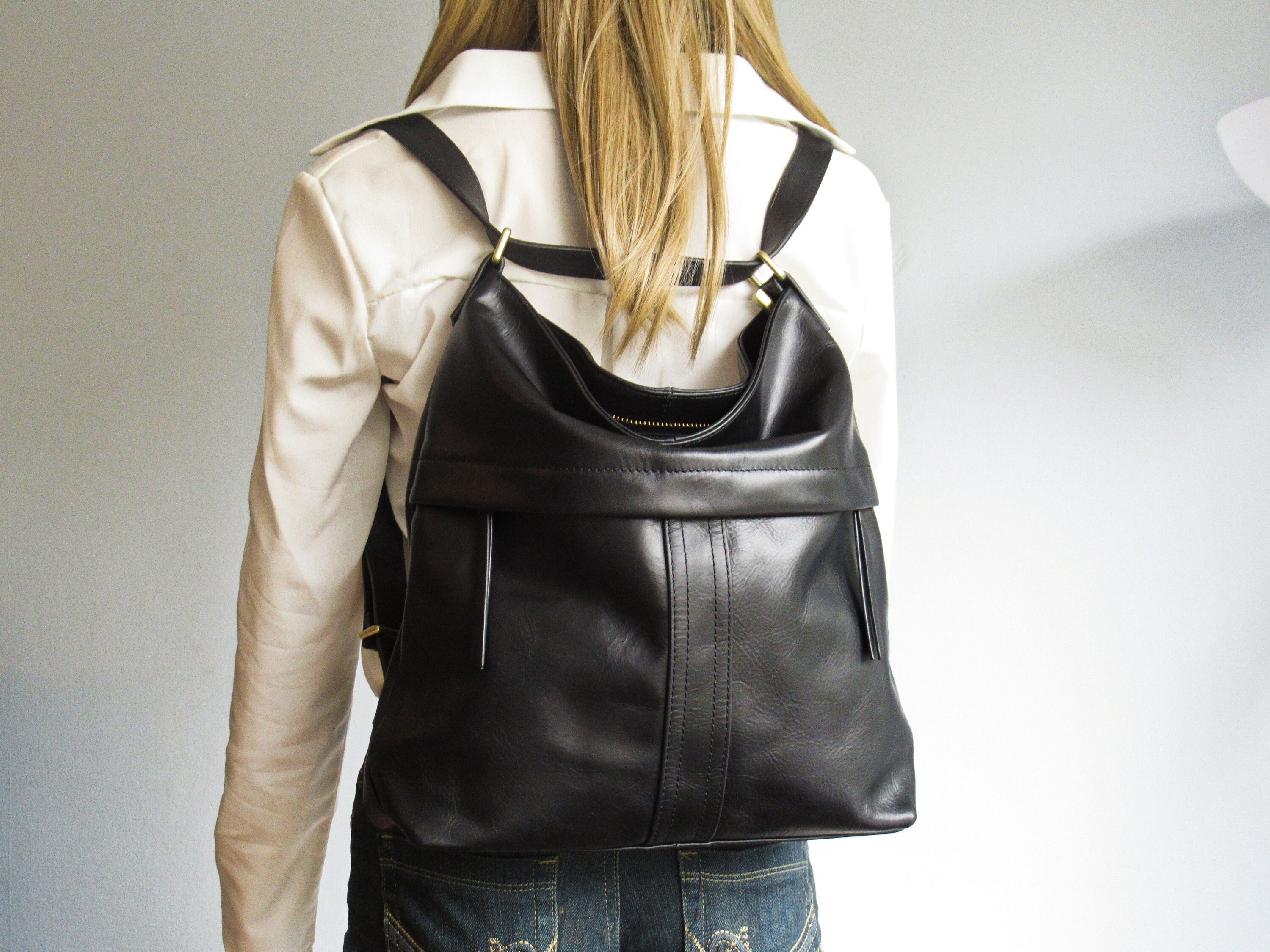 Black Leather Convertible Backpack Shoulder Bag Crossbody - Etsy