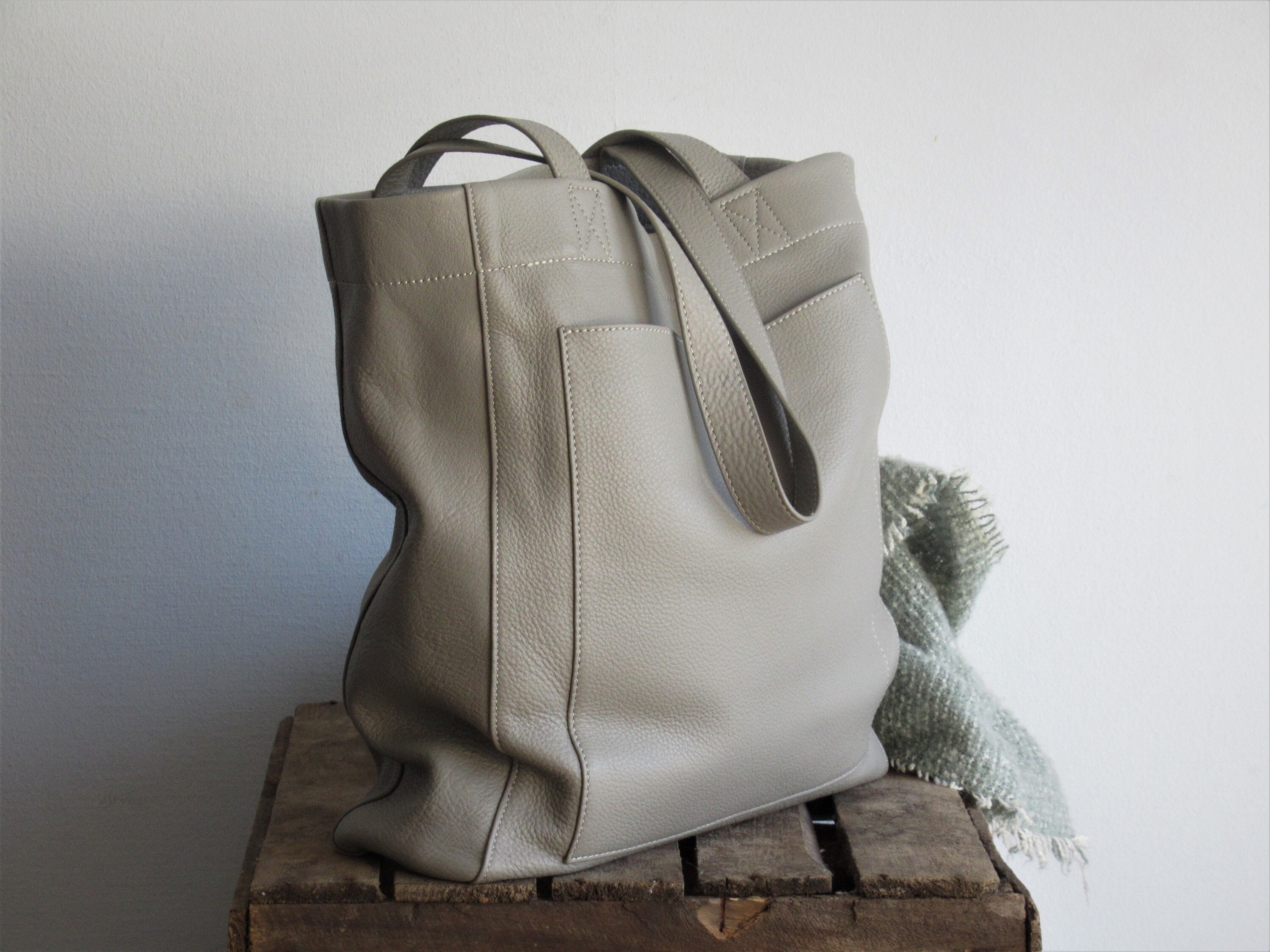 Light Grey Leather Tote Bag: Pebble Grain Cowhide, Minimalist Everyday ...
