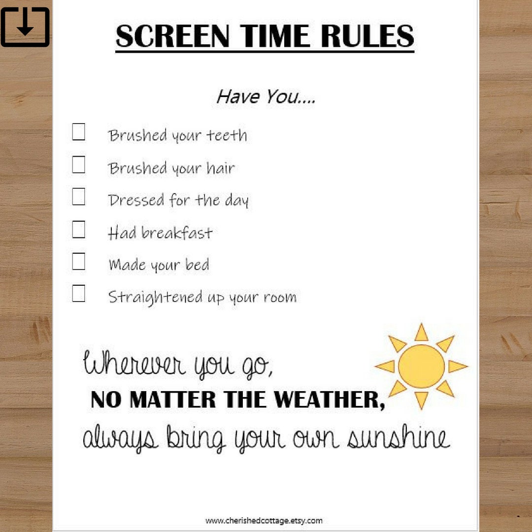 Printable Screen Time Rules Sheet for Kids - Morning TV Rules - Screen ...