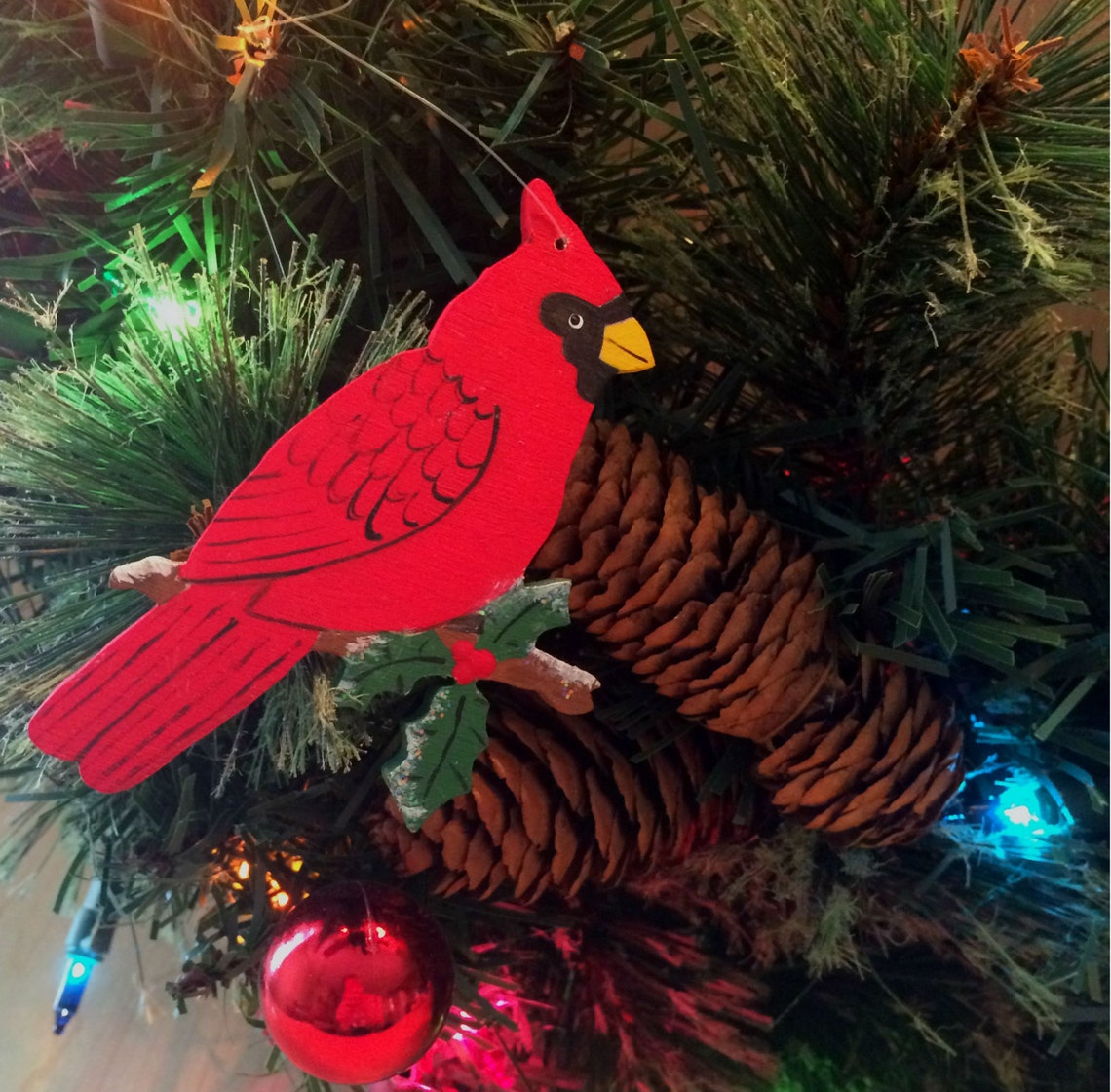 Cardinal Wood Christmas Tree Ornament - Cardinal With Holly Ornament ...
