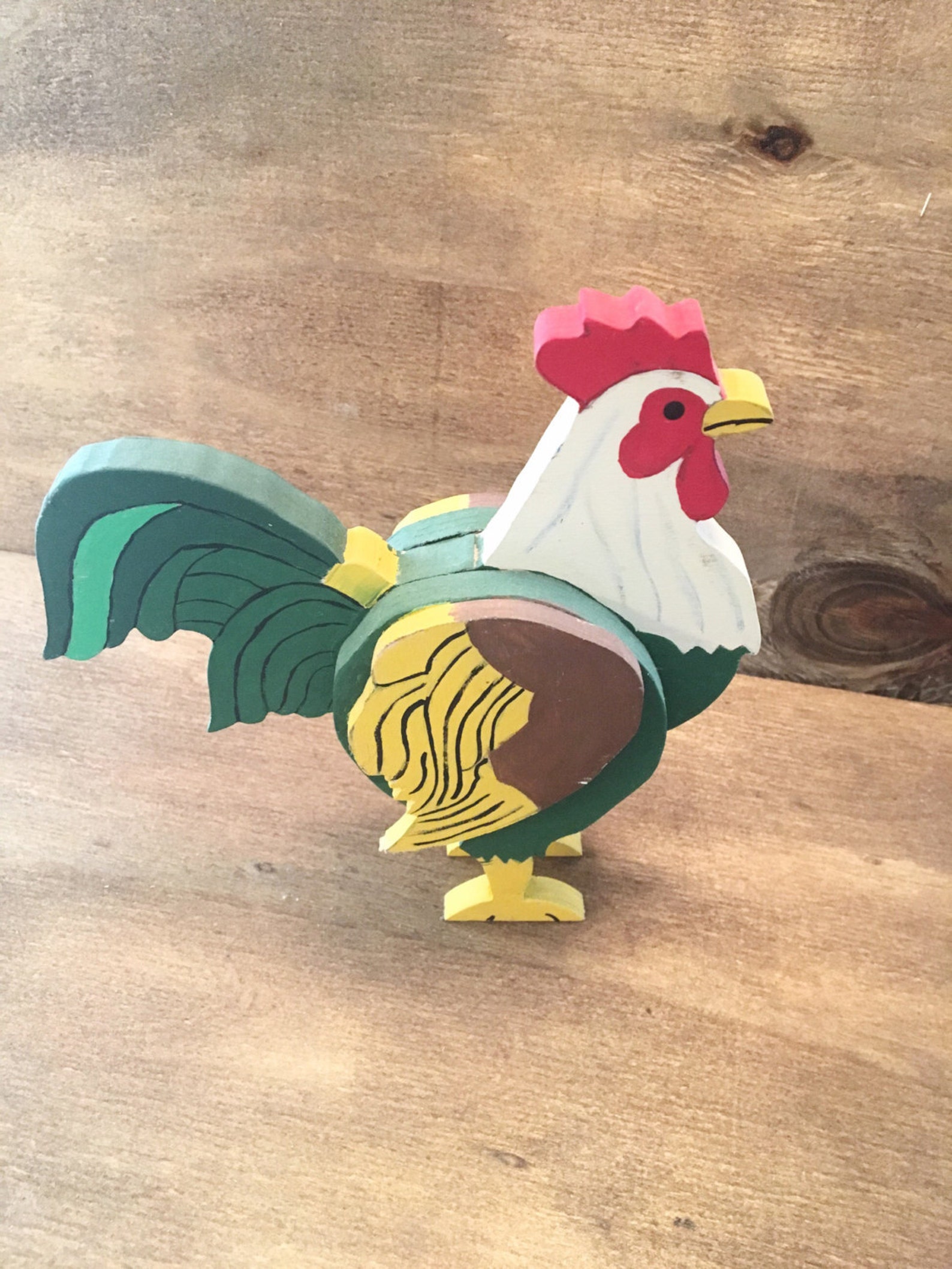 Wood Hand Painted Rooster Decor, Primitive Rooster Figurine, Farmhouse ...
