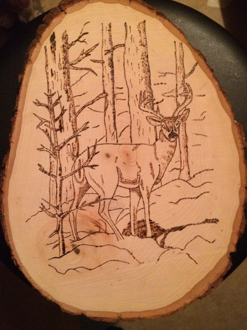 Deer Decor, Woodburning of Deer in the Woods on Tree Stump, Outdoor ...