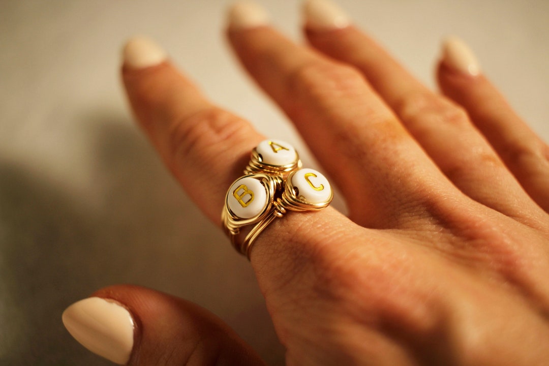 Wire Wrapped Initial Ring Signet Rings Personalized Letter Dainty Custom Charm 14k Gold Fill ...