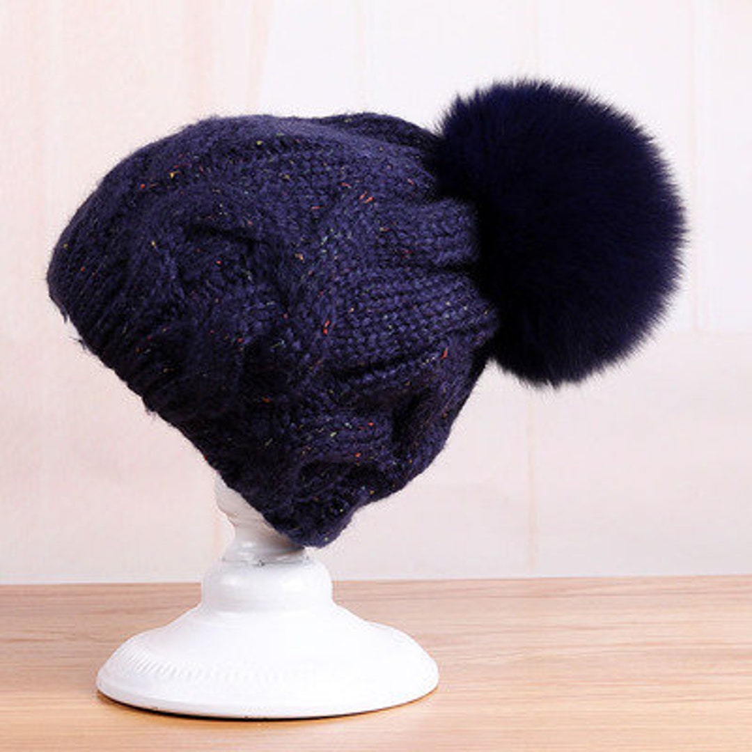 Navy Puffs Faux Fur Ball Hats Wool Cotton Knit Navy/black/camel Large ...