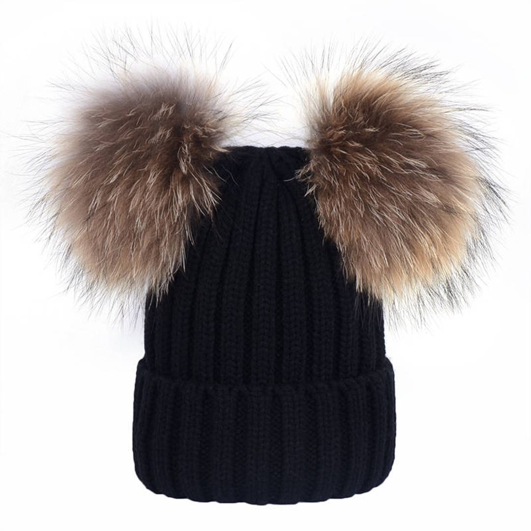 Hand Knitted Cotton Beanie: Double Pom Poms, Detachable Fur Balls ...