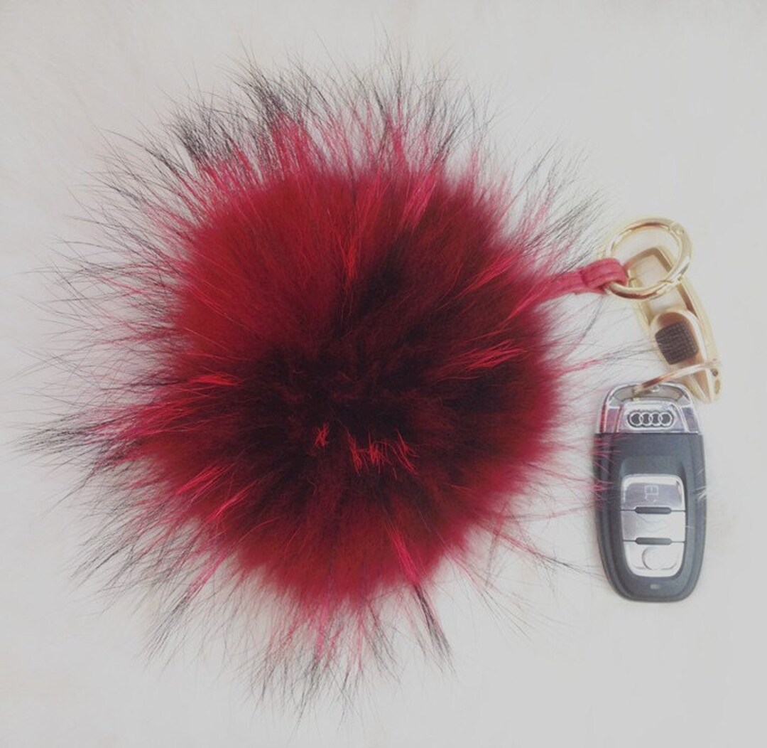 Fur Keychain Dark Red Faux Fur Hair Pom Pom Charm Keychain, Furry ...