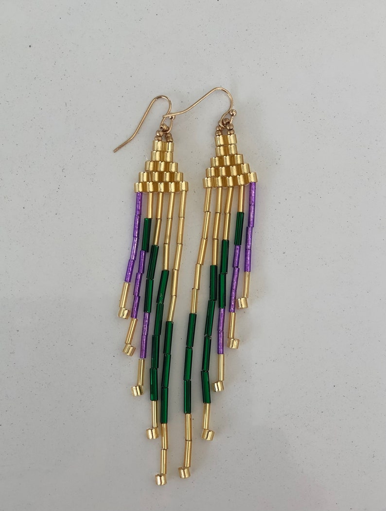 Green, Gold and Purple Bugle Bead 5 Strand Fringe Earrings - Etsy