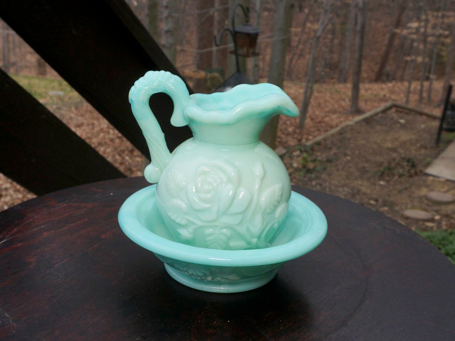 Vintage Avon Victoriana Pitcher & Bowl Green Slag Glass Decanter Vanity ...